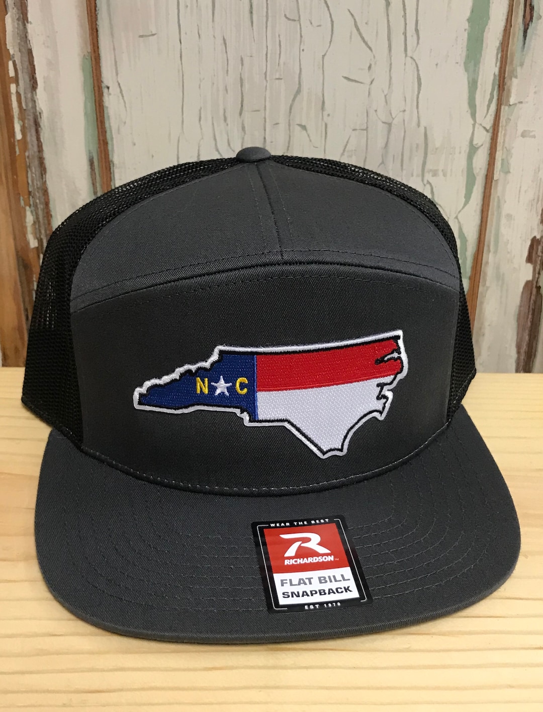 North Carolina State Flag Patch NC 7 Panel Trucker Hat Charcoal/black ...