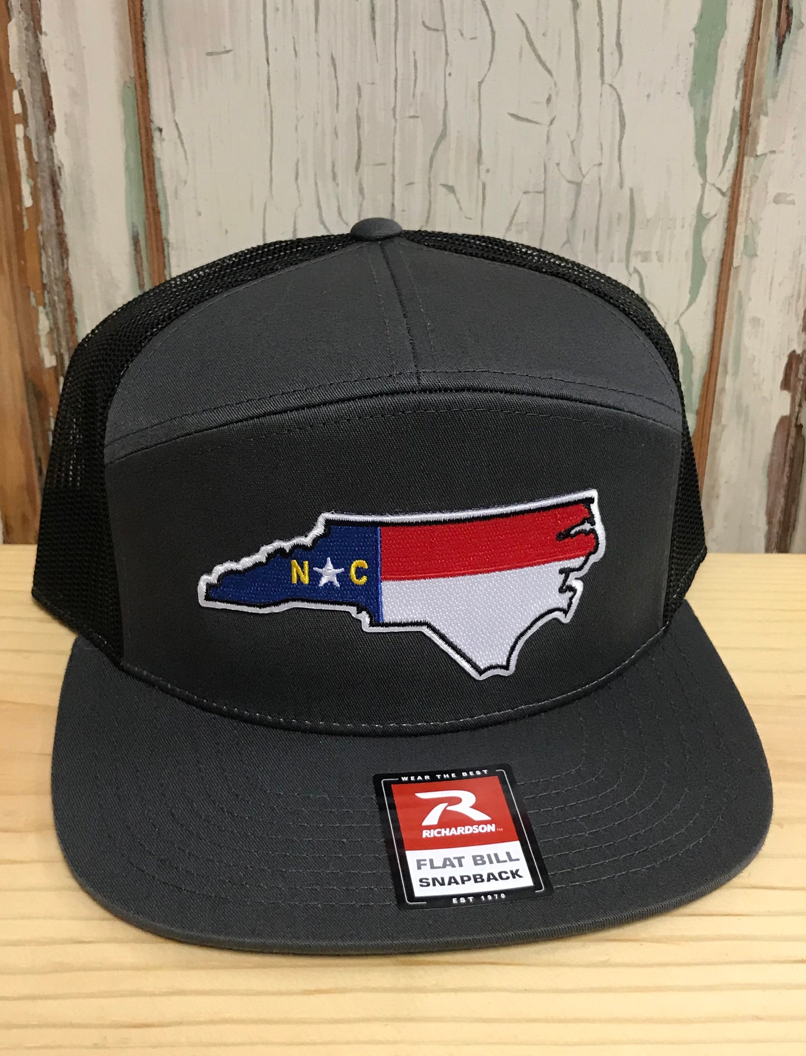 North Carolina State Flag Patch NC 7 Panel Trucker Hat Charcoal/black ...
