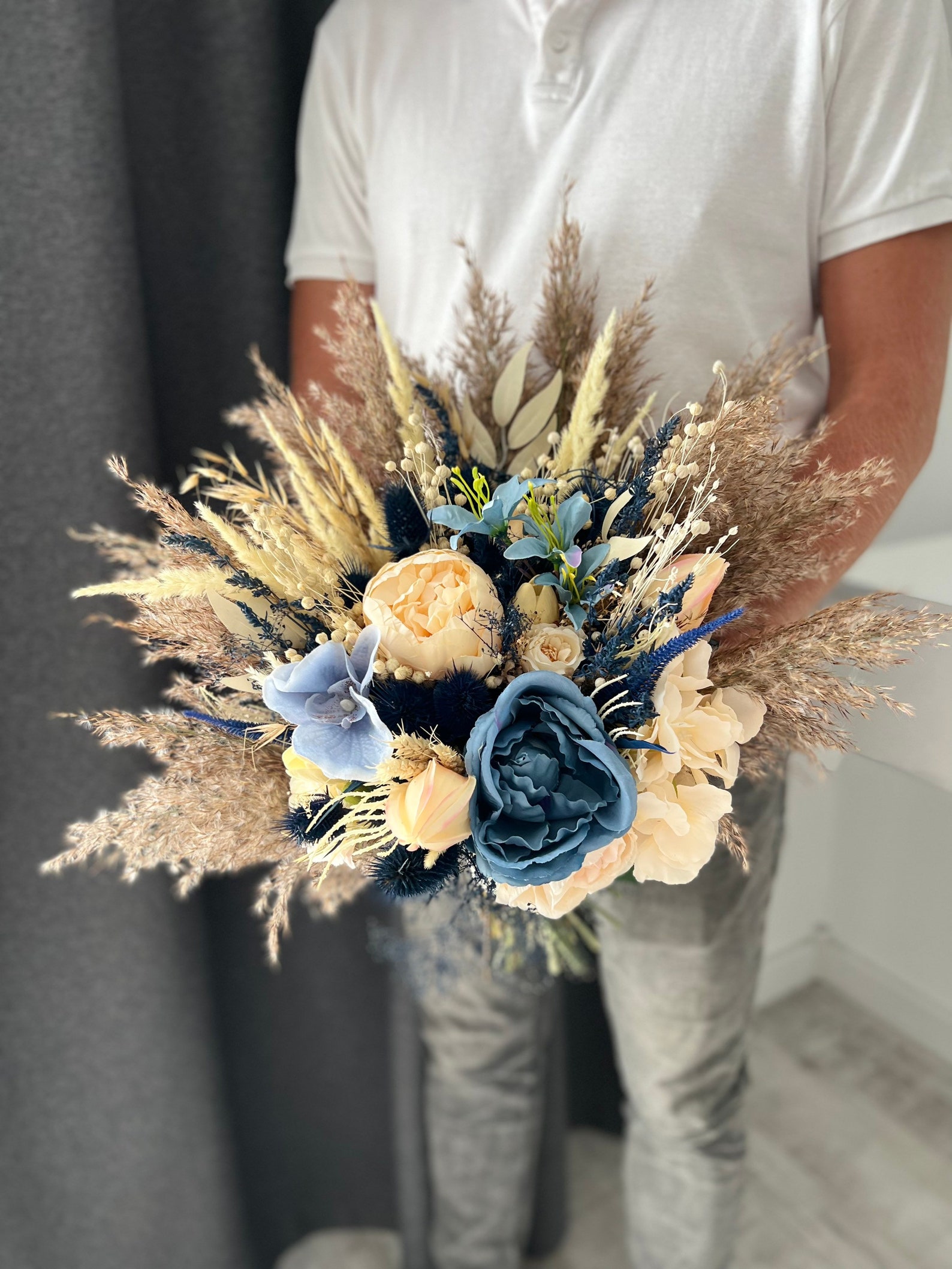 Navy Blue Ivory Bouquet Dried Beige Wedding Bouquet Blue - Etsy