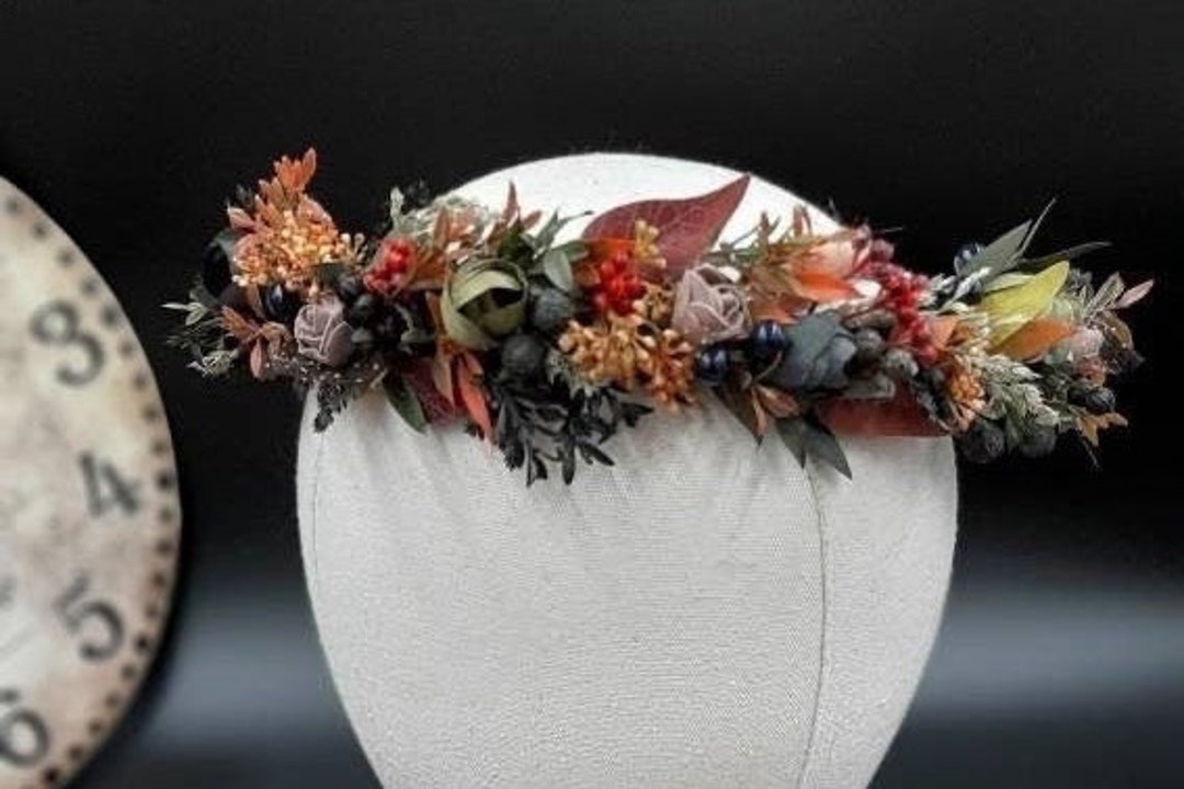 Fall Flower Crown, Burgundy Orange Wedding Crown, Rustic Autumn Floral ...