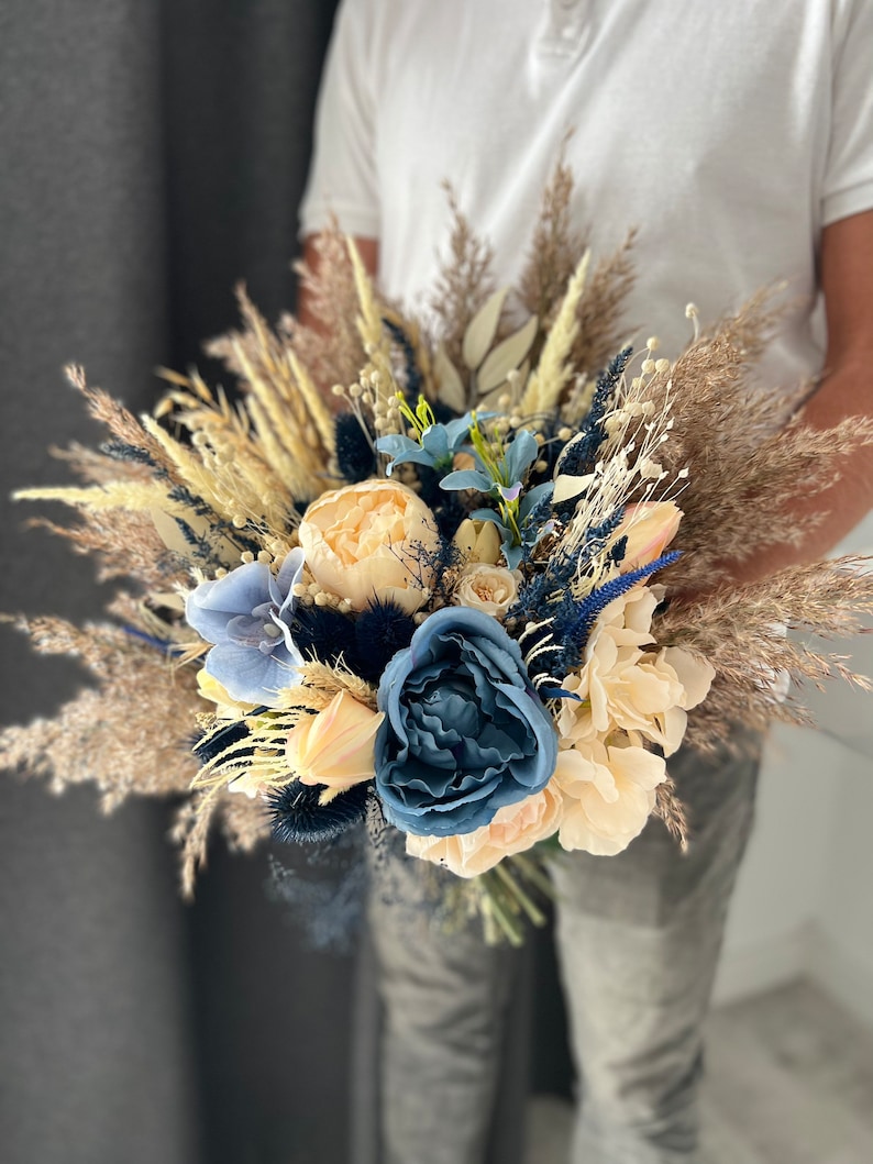 Navy Blue Ivory Bouquet Dried Beige Wedding Bouquet Blue - Etsy