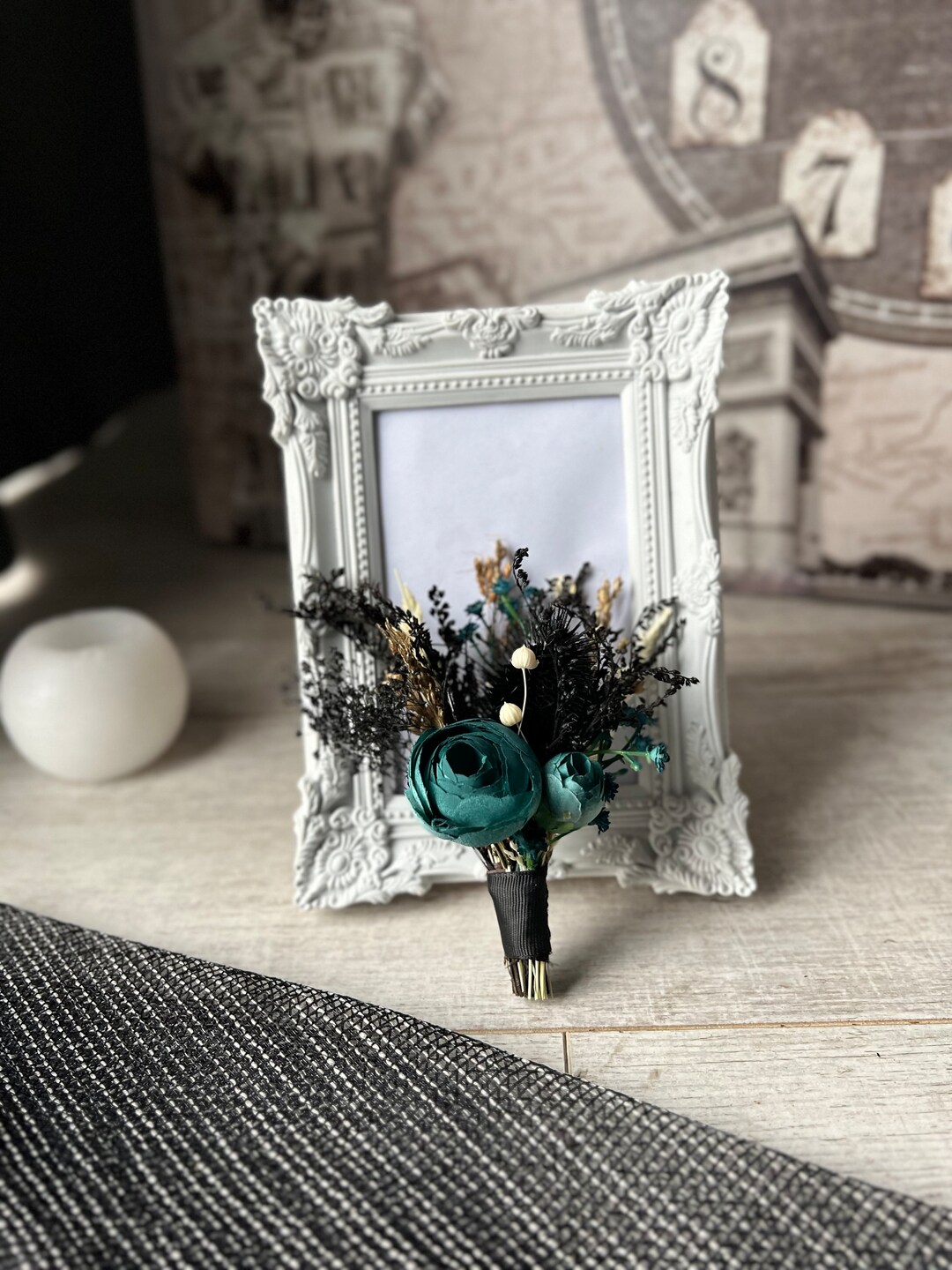 Gothic Teal and Black Boutonniere, Turquoise Wedding Boutonniere, Dark ...