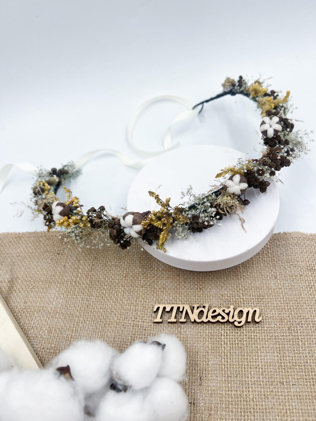 Rustic Dried Flower Crown With Cotton and Wildflowers – Boho Natural ...