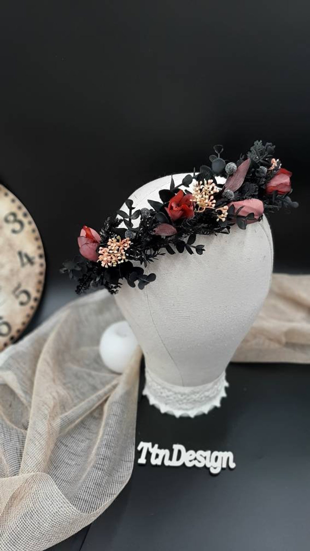 Black Headpiece, Black Burgundy Crown Black Flower Crown, Gothic ...