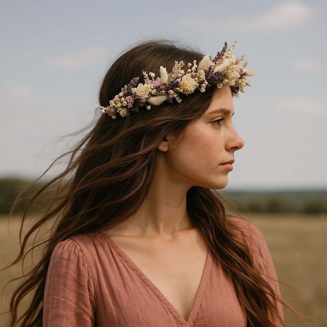 Boho Floral Crown for Bride or Bridesmaid – Dried Flower Headpiece With ...
