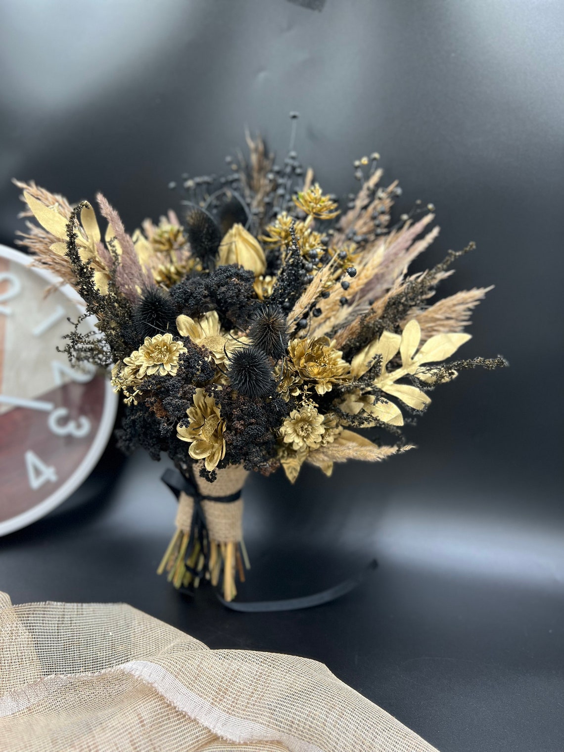 Luxurious Gold & Black Dried Flower Bouquet | Gothic Wedding ...