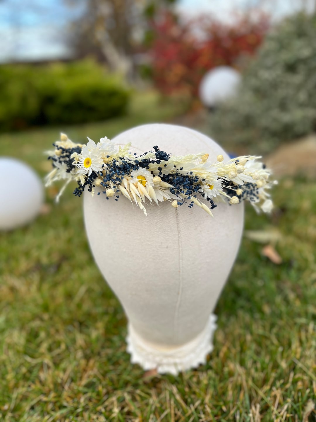 White Daisy & Navy Blue Floral Bridal Crown: Boho Dried Flower Headband ...