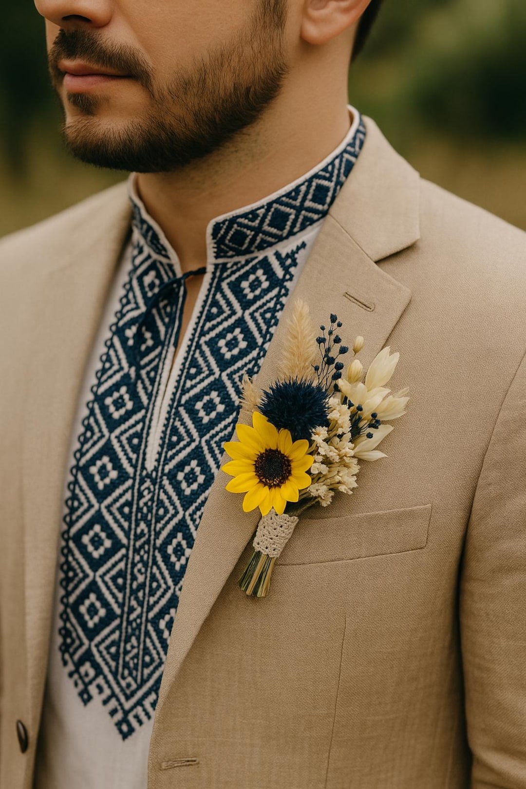 Sunflower Groom Boutonniere – Navy Blue Ivory Dried Flowers, Rustic ...
