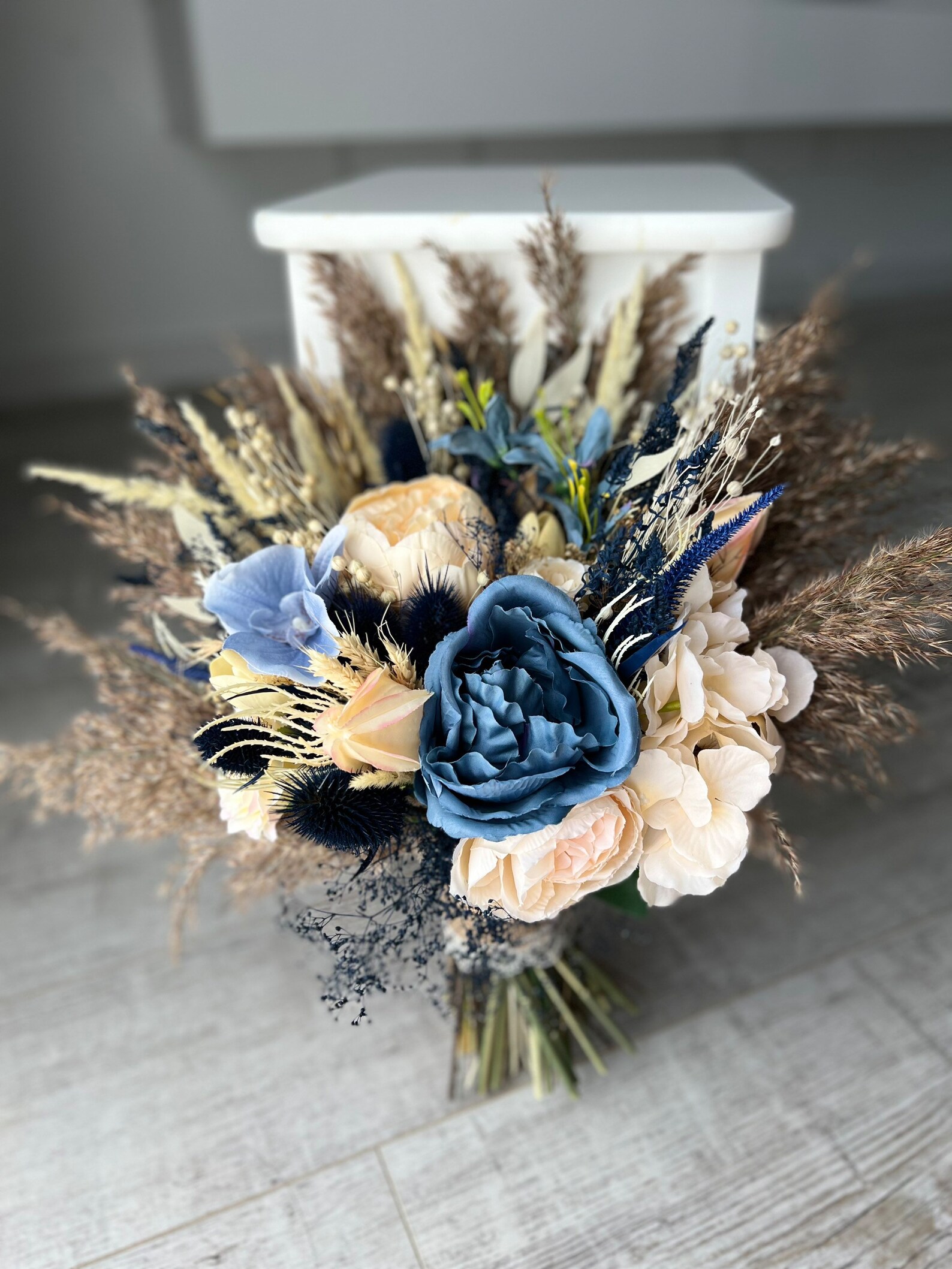 Navy Blue Ivory Bouquet Dried Beige Wedding Bouquet Blue - Etsy