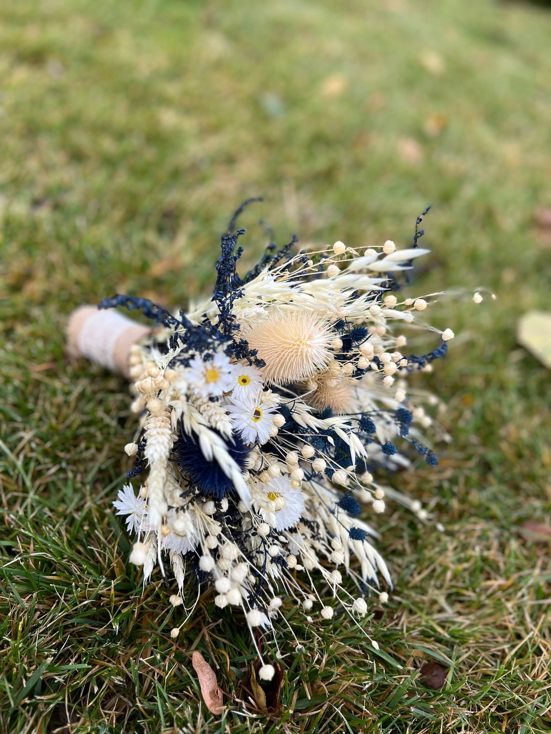 White Daisy & Navy Blue Boho Wedding Bouquet: Elegant Dried Flower ...