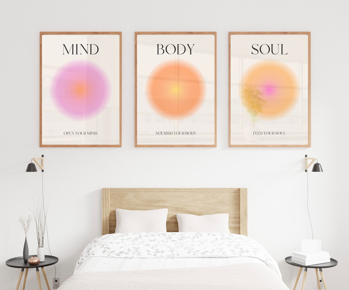 Mind Body Soul Aura Poster 3 Piece Wall Art, Aura Energy Spiritual Gradient Set of 3 Prints, Y2K ...
