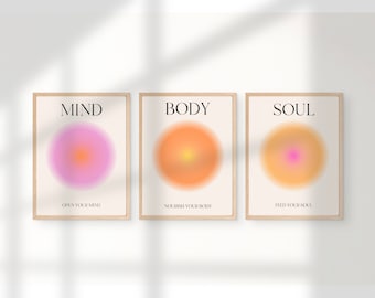 MIND BODY SOUL Aura Poster 3 Piece Wall Art, Aura Energy Spiritual Gradient Set of 3 Prints, Y2K ...