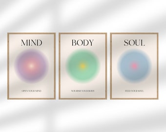 Mind Body Soul Aura Poster 3 Piece Wall Art, Aura Energy Spiritual Gradient Set of 3 Prints, Y2K ...