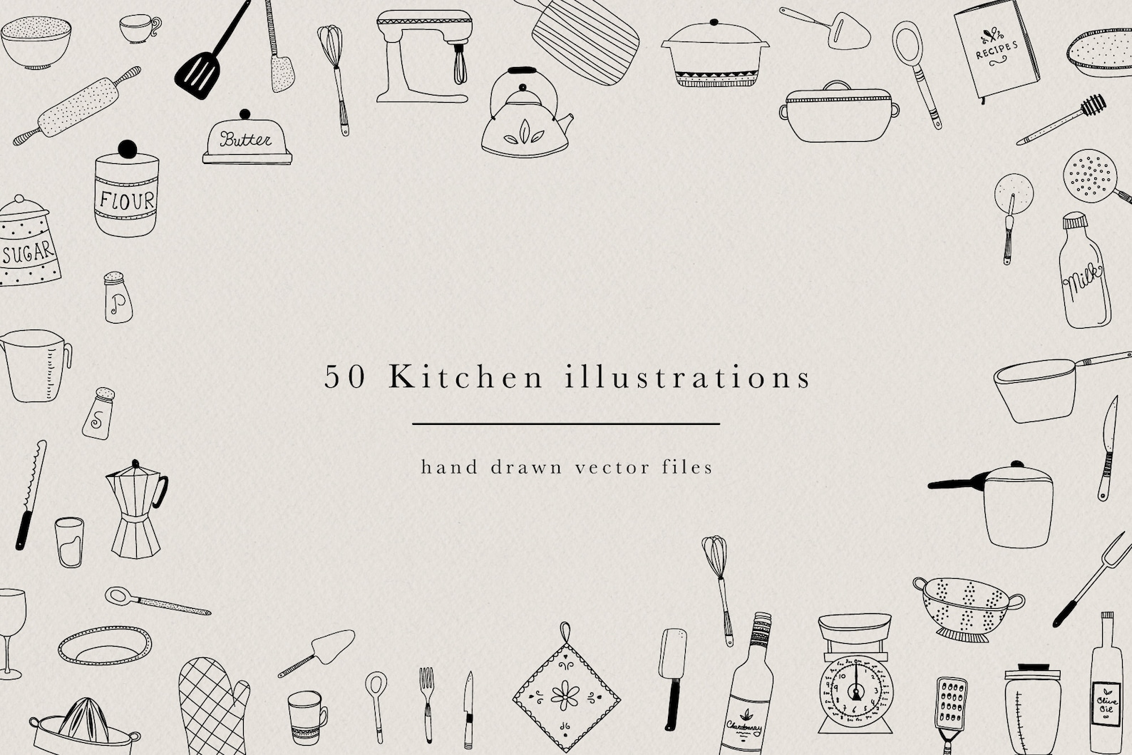 50 Hand Drawn Kitchen Element Design Kit for Logo Design or | Etsy