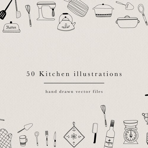 50 Hand Drawn Kitchen Element Design Kit for Logo Design or - Etsy