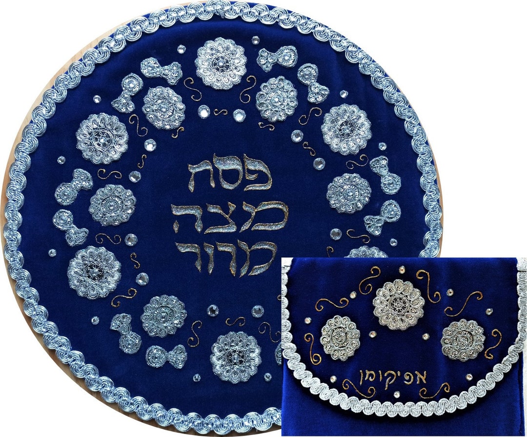 Luxurious Blue Velvet Matzah Cover With Matching Afikomen Bag Set ...