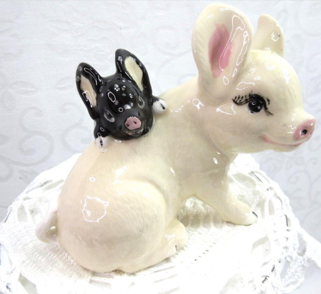 Hand Painted Ceramic Pig Figurine Mama & Baby Piglet 5in Farmhouse ...