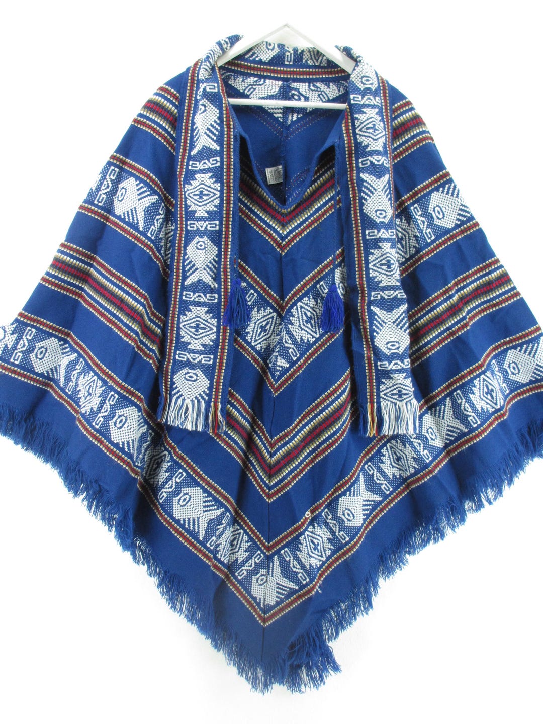 Tejidos Diaz Ecuador Poncho Blue Boho Fringe Hooded Cape Cloak Wool ...