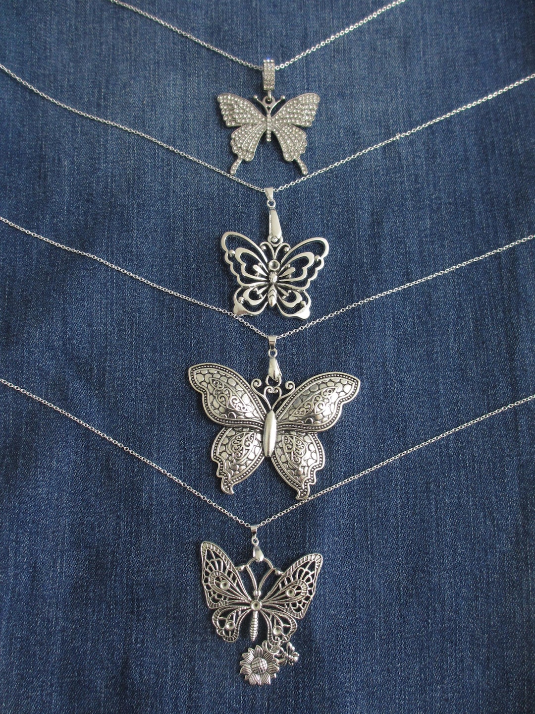 Handmade Butterfly Necklace 24in Long Silver Tone Chain Boho Retro ...