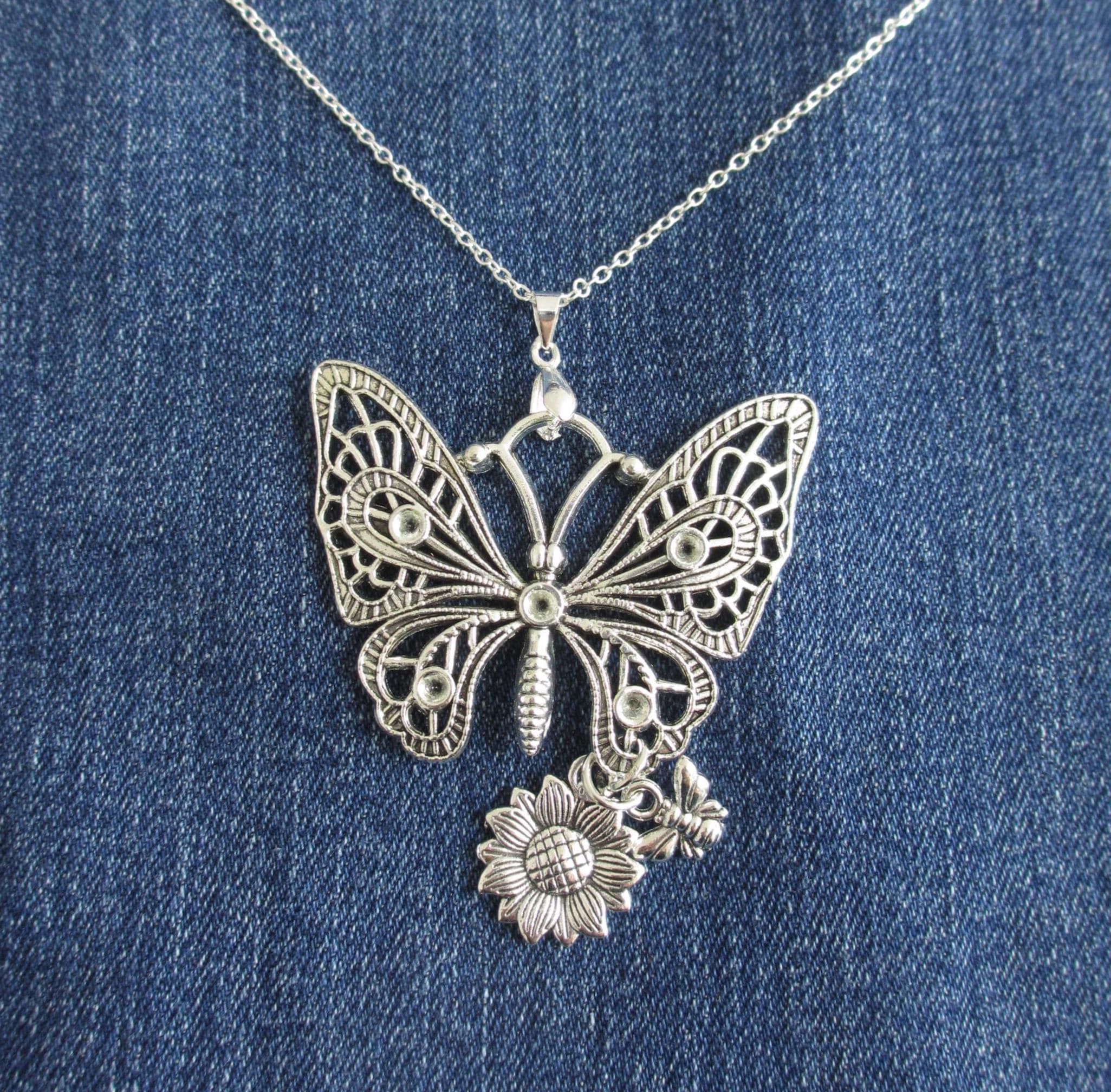 Handmade Butterfly Necklace 24in Long Silver Tone Chain Boho Retro ...