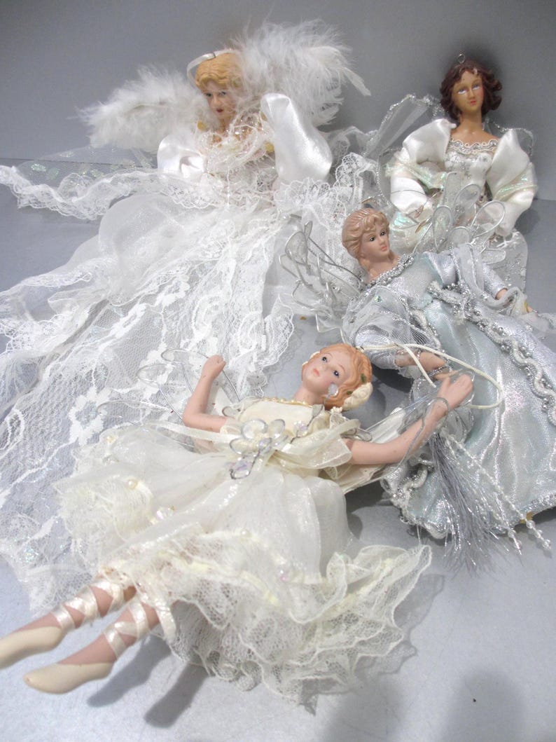 Vintage Christmas Angel Figurines SET OF 4 Porcelain Faces Fabric Gowns ...