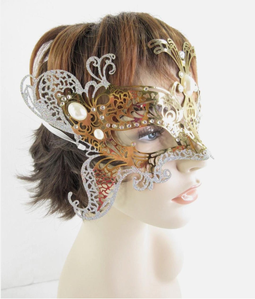 Gold Metal Filigree Masquerade Mask With Pearls & Rhinestones Elegant ...