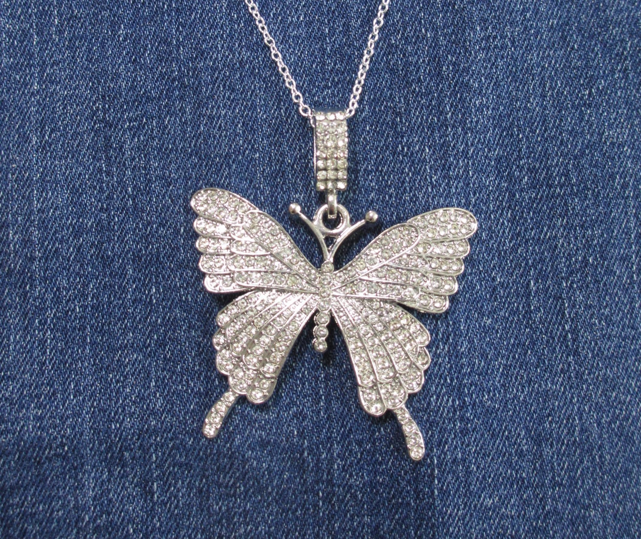 Handmade Butterfly Necklace 24in Long Silver Tone Chain Boho Retro ...