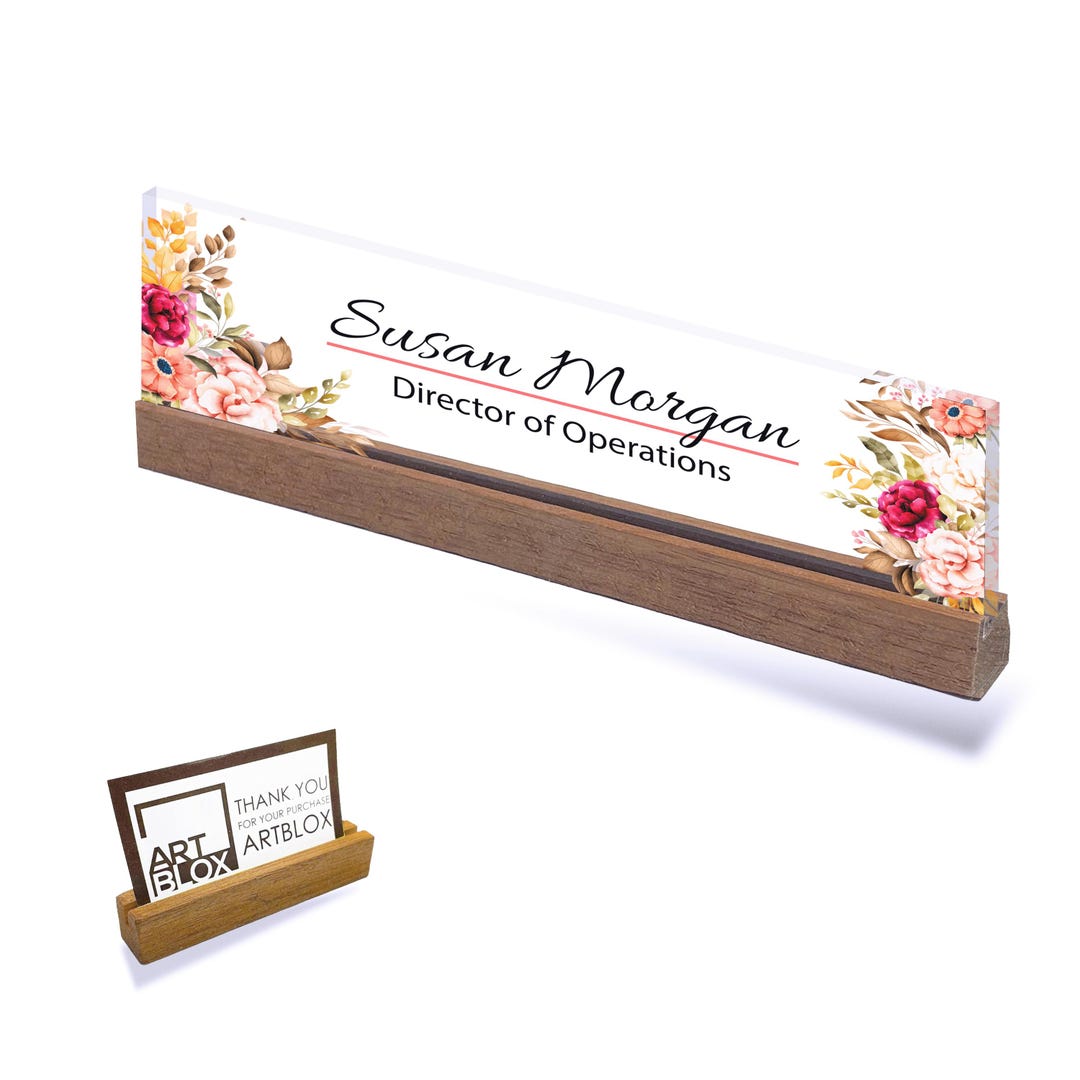Personalized Floral Desk Name Plate: Clear Acrylic Glass With Wood ...