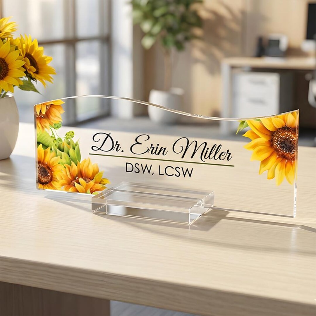 Sunflower Acrylic Desk Name Plate, Personalized Office Decor, Teacher ...