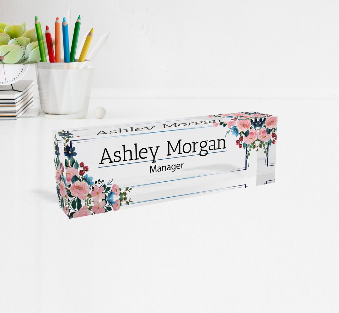 Floral Acrylic Name Block for Desk, Womens Personalized Desk Name Plate ...