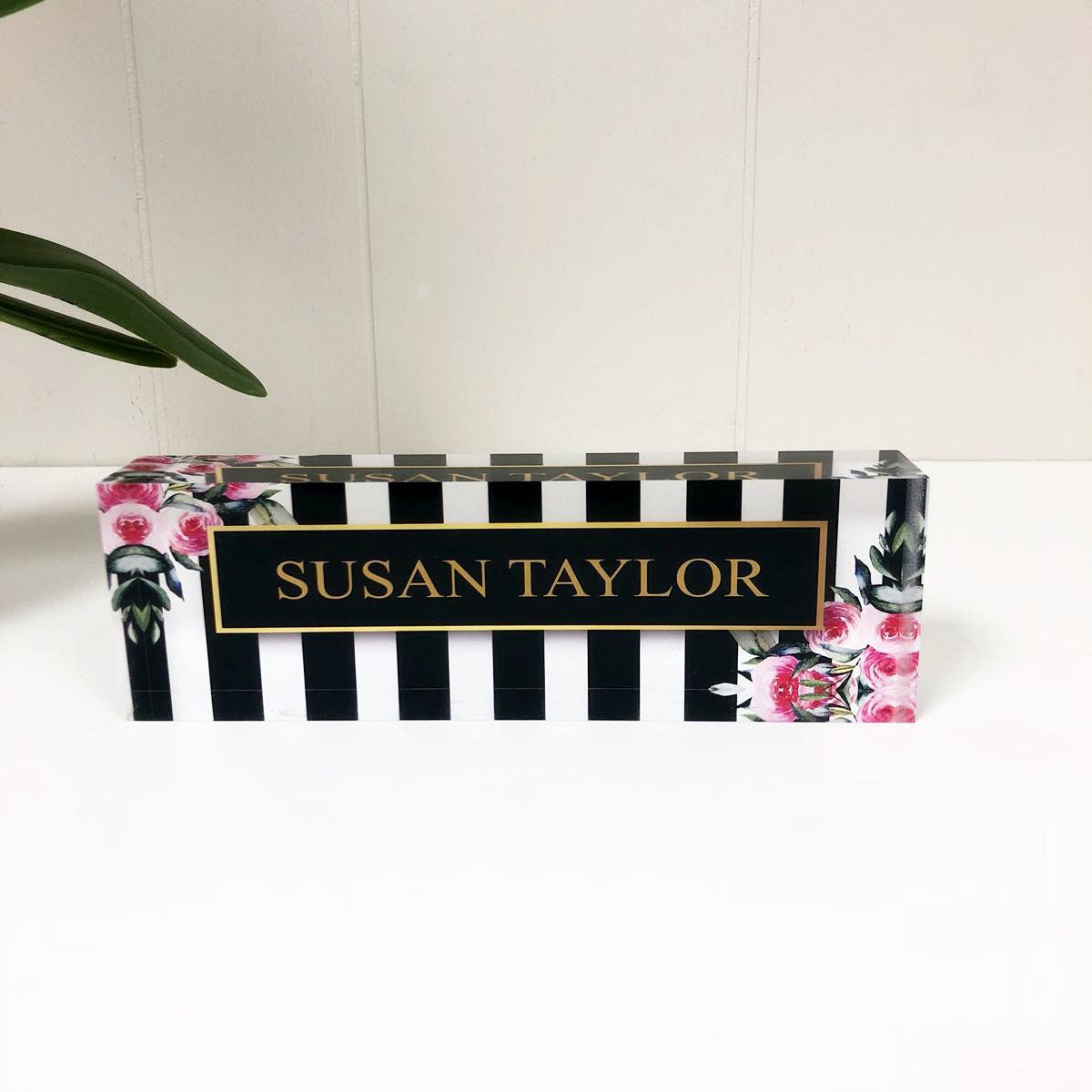 Personalized Desk Name Plate - Your Name on Stripes & Roses Clear ...
