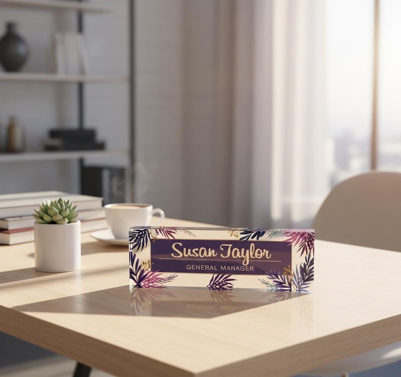 Personalized Acrylic Desk Name Plate: Abstract Floral Office Decor - Etsy