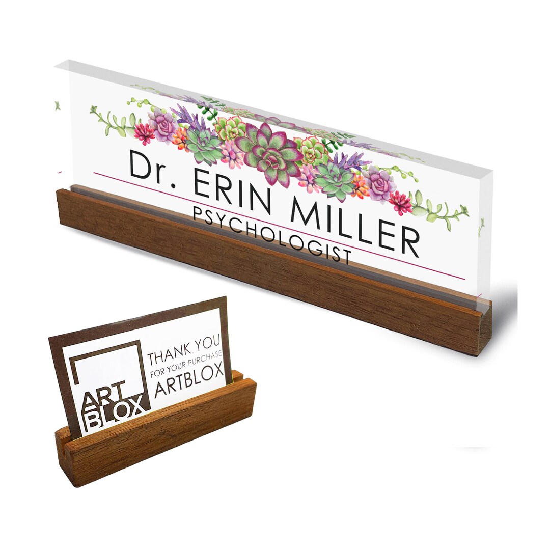 Personalized Acrylic Desk Name Plate: Teak Wood Stand, Succulent Design ...