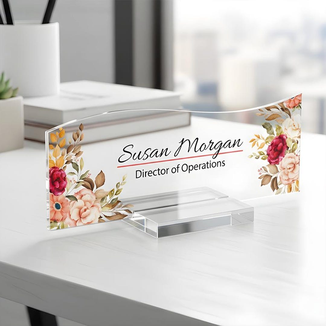 Peony Floral Acrylic Desk Name Plate: Personalized Office Decor - Etsy