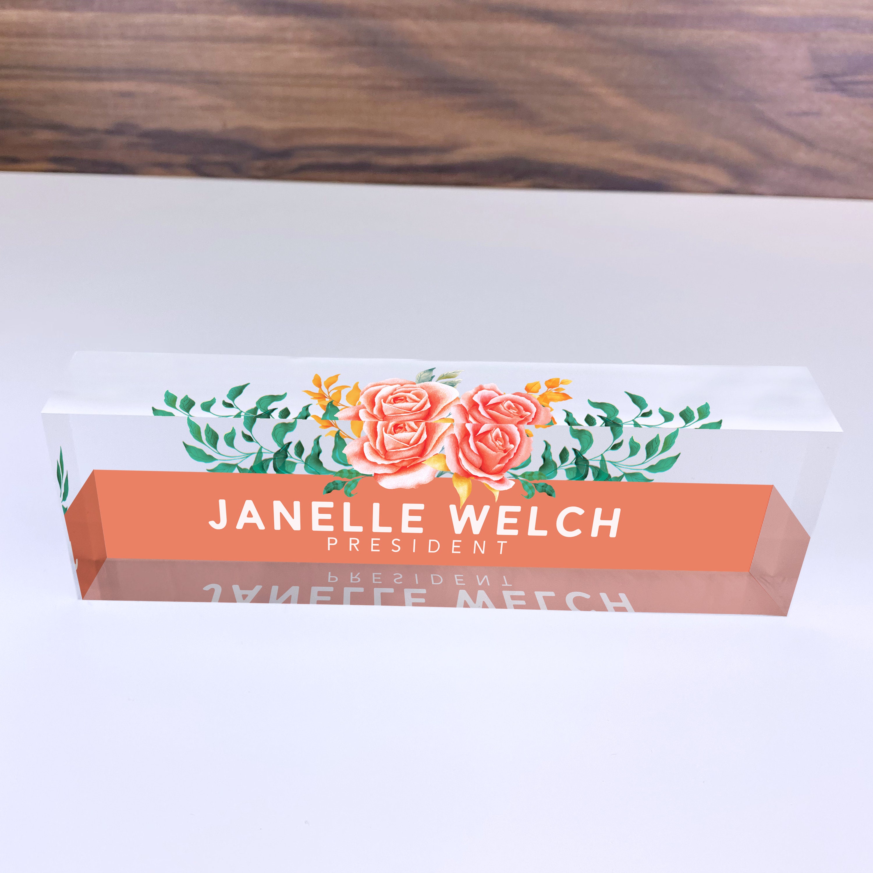 Personalized Name Plate for Desk | Orange Roses Design On Clear Acrylic ...