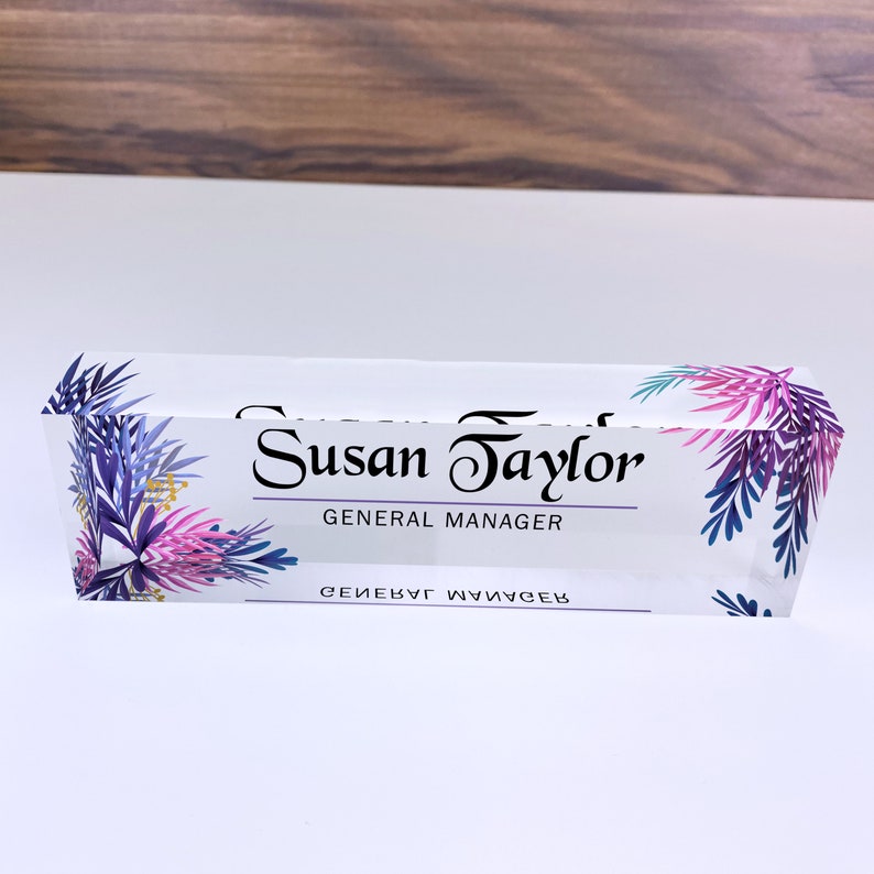 Personalized Name Plate for Desk Leaf Purple Design on Clear - Etsy