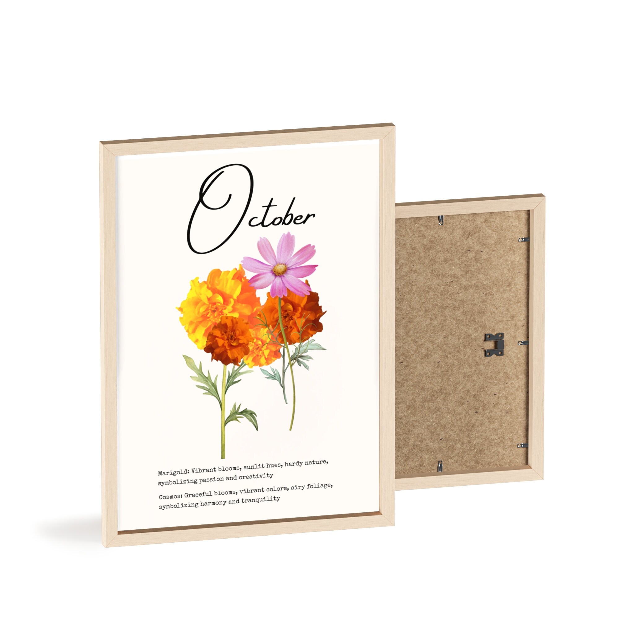 Personalize October Birth Flowers marigold & Cosmos Light Wood Frame ...