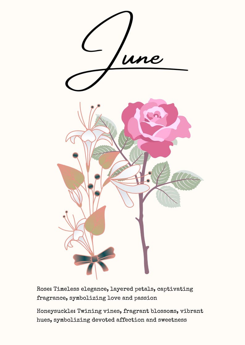 June Birth Flower Wall Art – Rose & Honeysuckle Digital Download ...