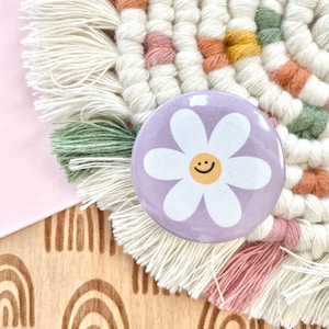 Purple Happy Face Daisy 1.25" Pinback Button, Cute Trendy Bag Accessory ...