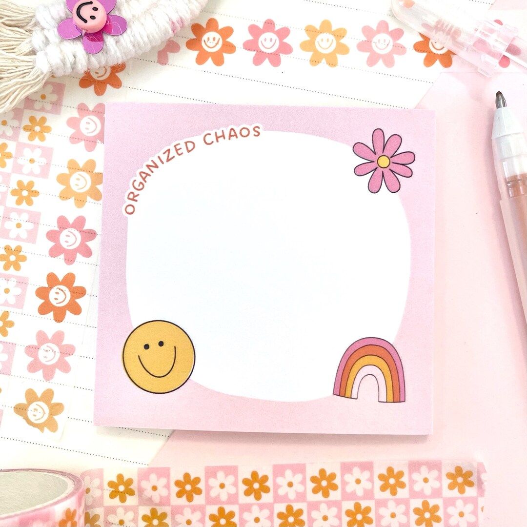 Organized Chaos Sticky Notes, Happy Face Rainbow Floral Pink Stationery ...