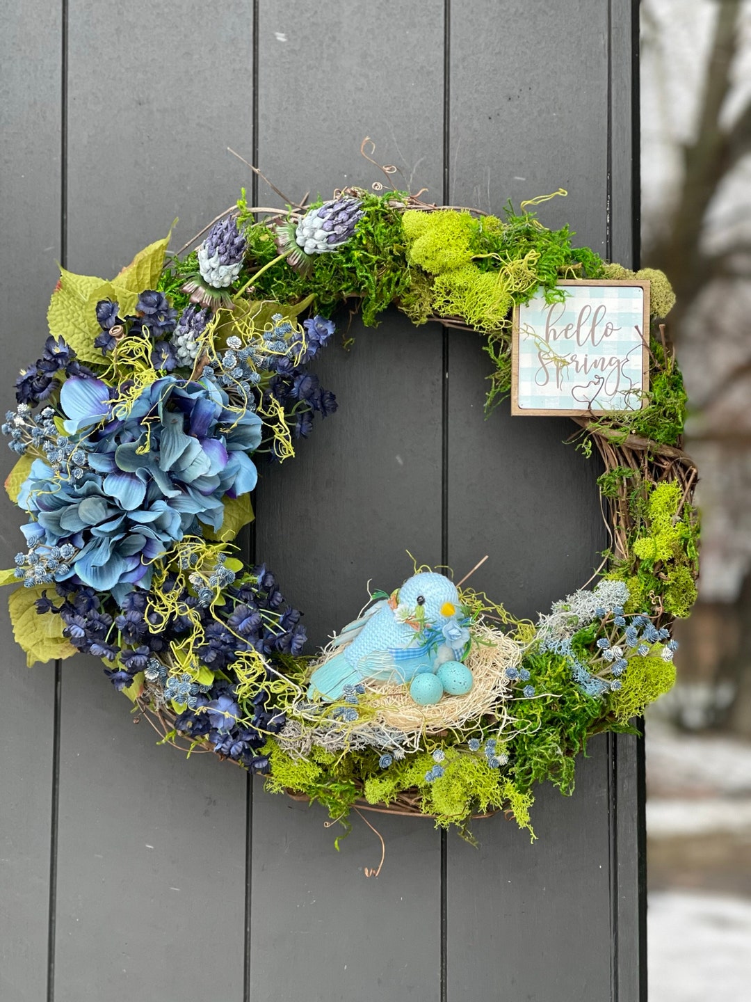 18" Hello Spring Wreath With Mama Blue Bird and Her Eggs | Spring ...