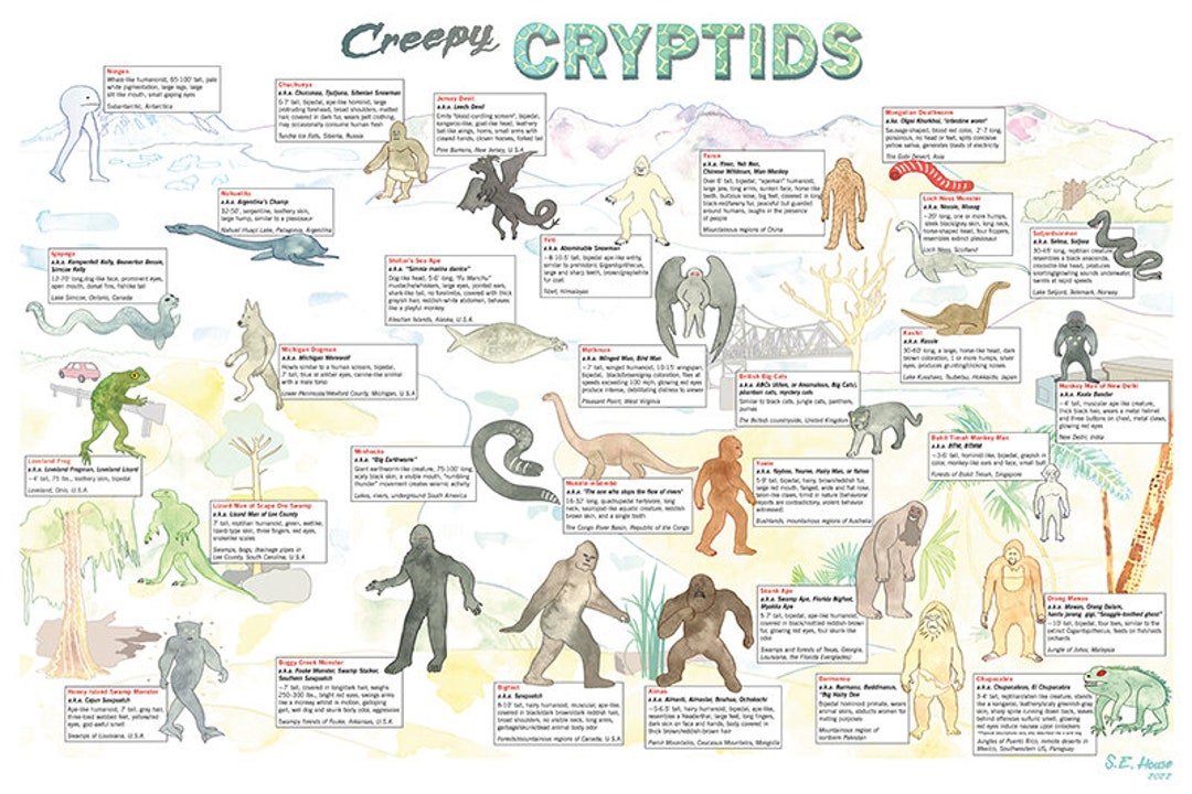 Creepy Cryptids, Bigfoot Art Poster, Sasquatch Art Poster, Loch Ness ...