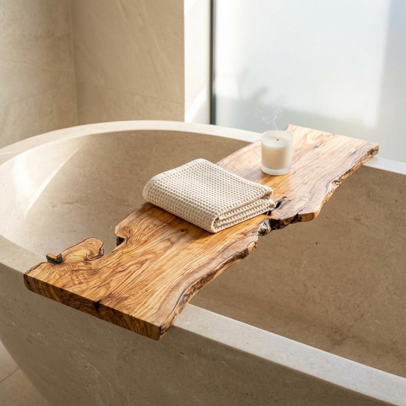 Olive Wood Bath Caddy Tray – Natural Wooden Bathtub Organizer, Luxury ...