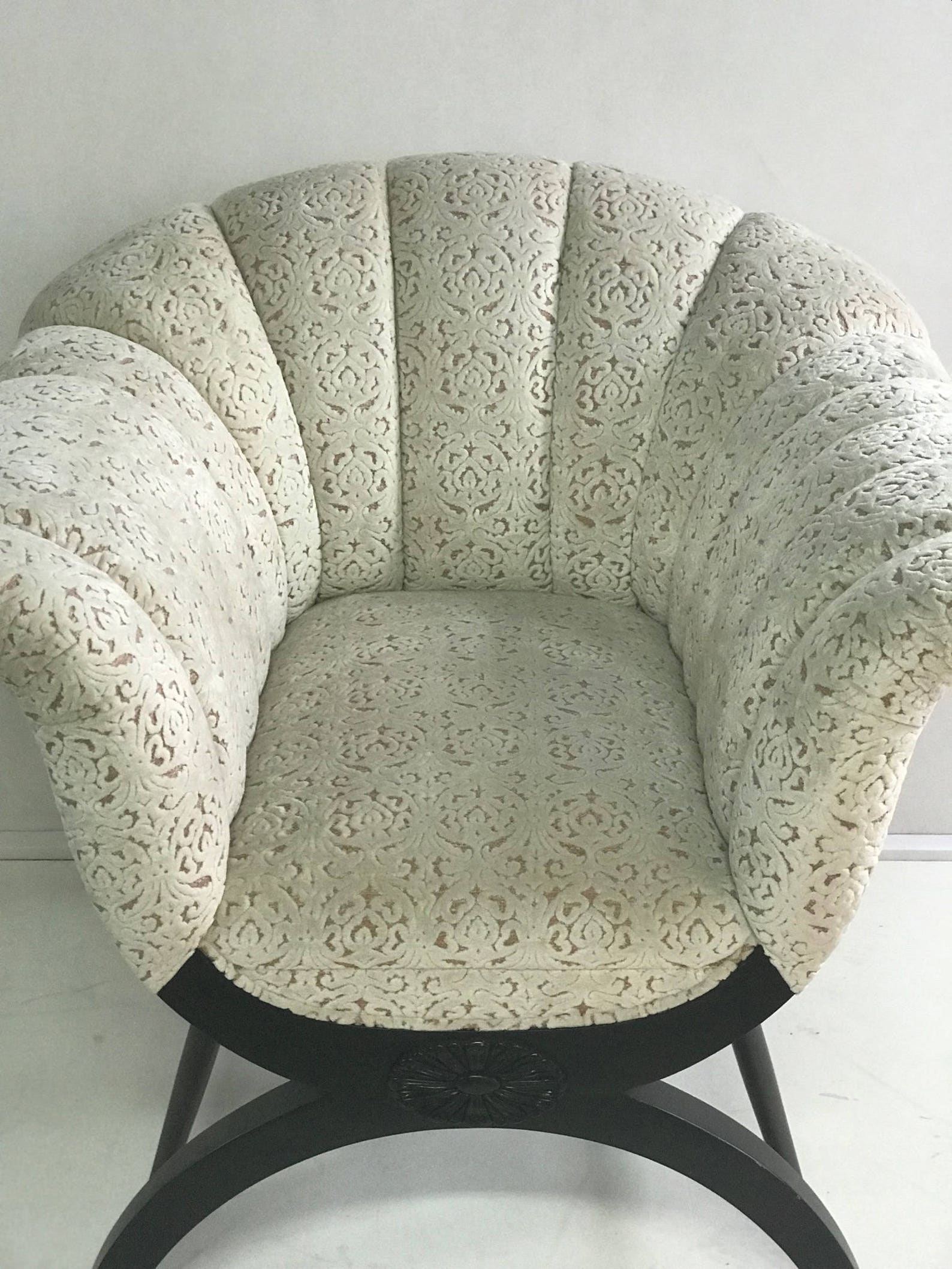 Cream Light Coral Cut Velvet Channeled Pearl Shaped Chair W/ Dark ...