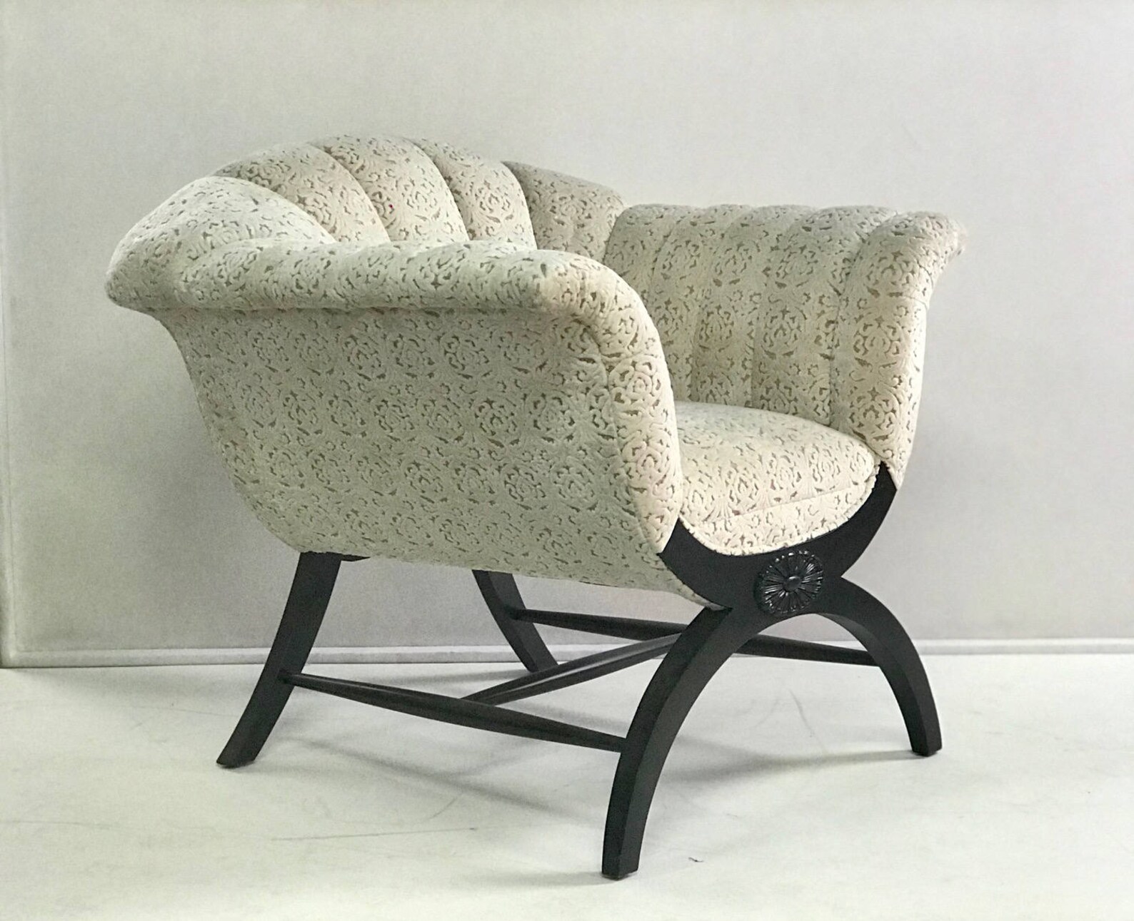 Cream Light Coral Cut Velvet Channeled Pearl Shaped Chair W/ Dark ...
