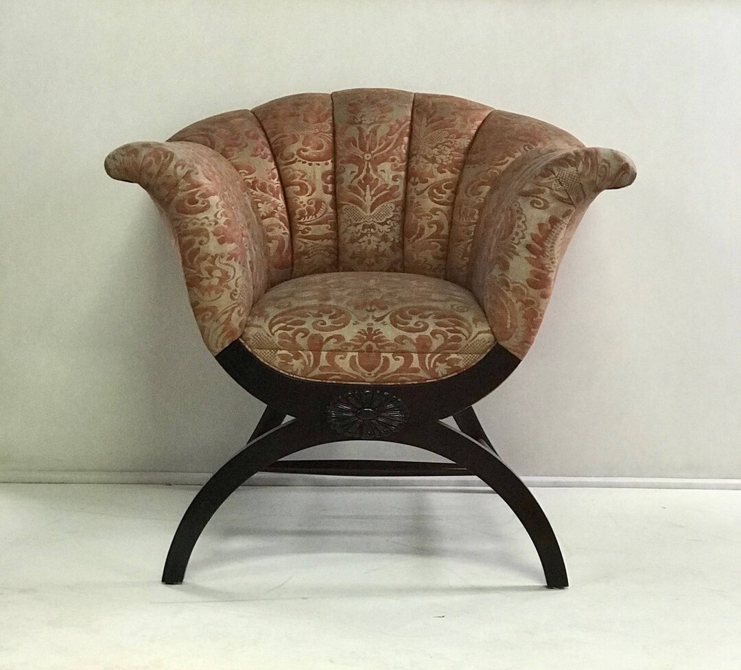 Red Gold Fortuny Damask Fabric Channeled Pearl Shaped Chair W/ Dark ...