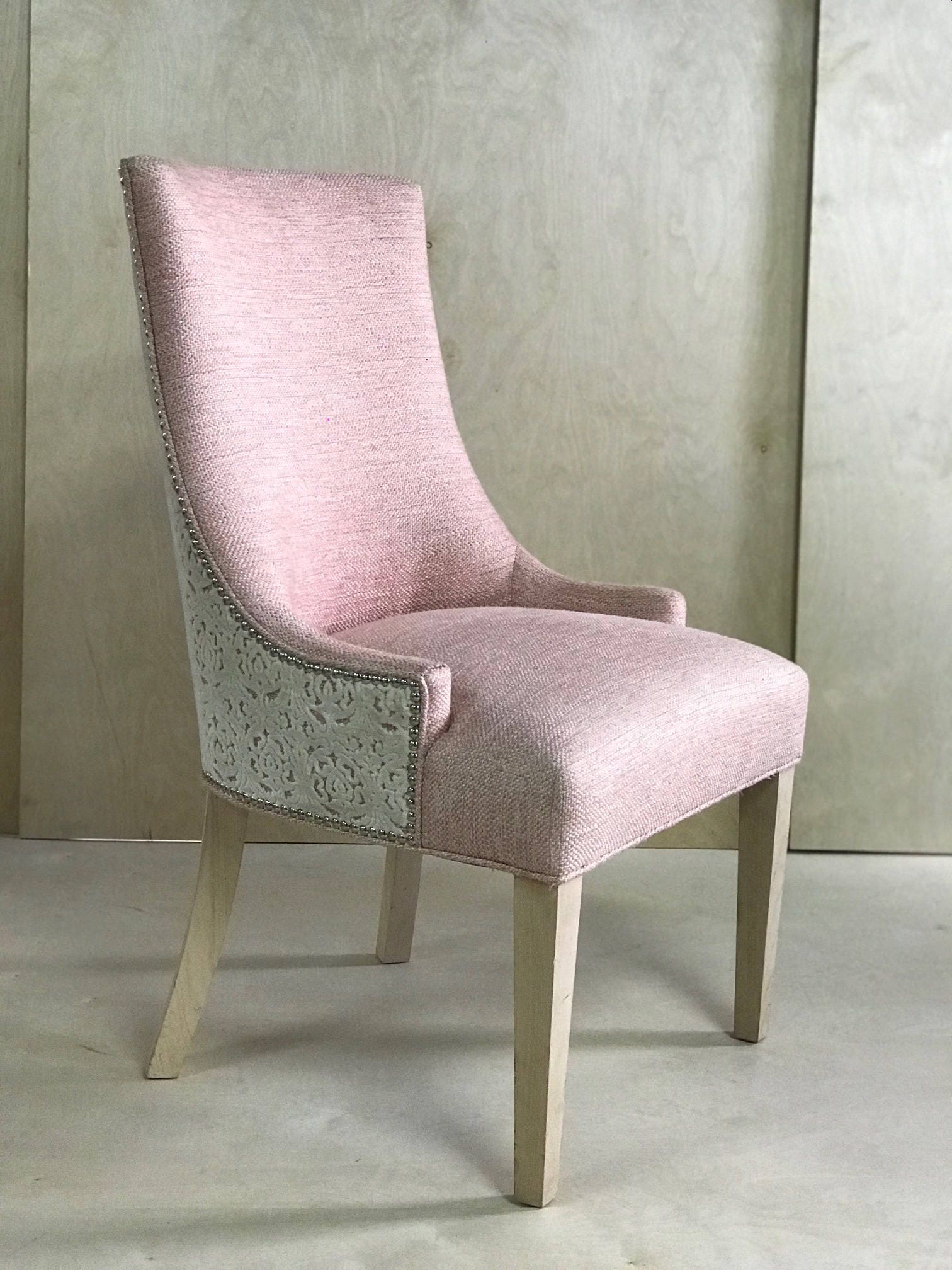 Pink Tweed Fabric Chair W/ Nickle Nail Heads, Natural Wood Legs ...