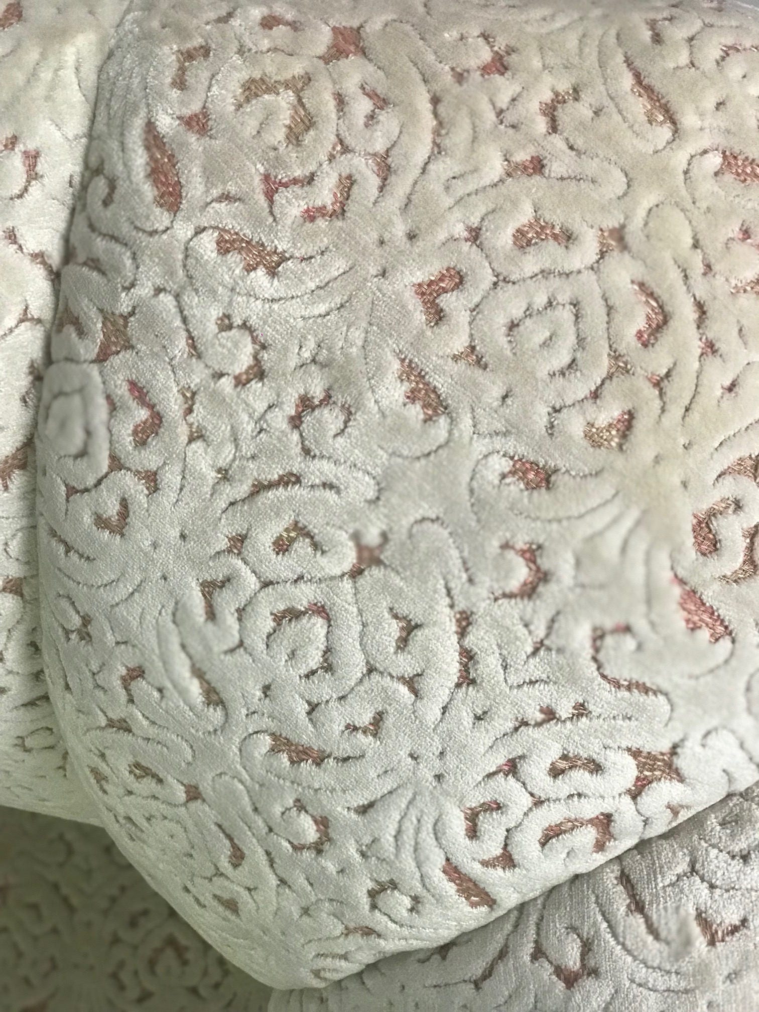 Cream Light Coral Cut Velvet Channeled Pearl Shaped Chair W/ Dark ...