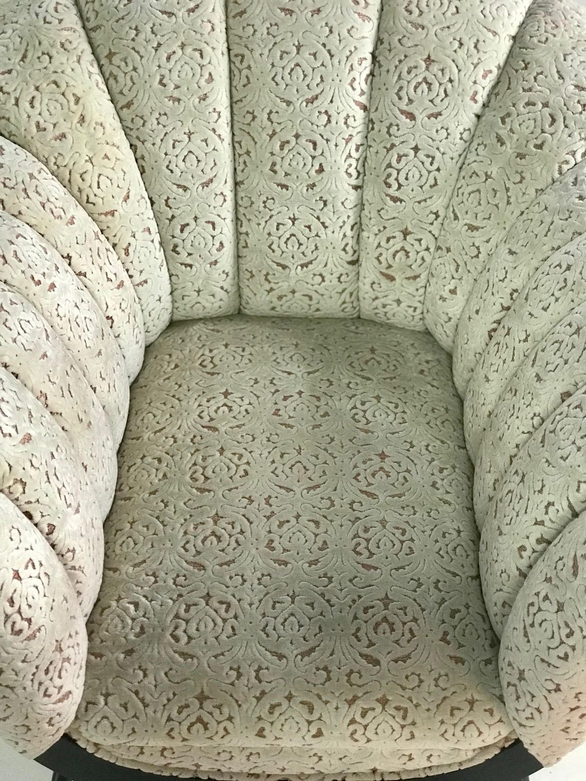 Cream Light Coral Cut Velvet Channeled Pearl Shaped Chair W/ Dark ...