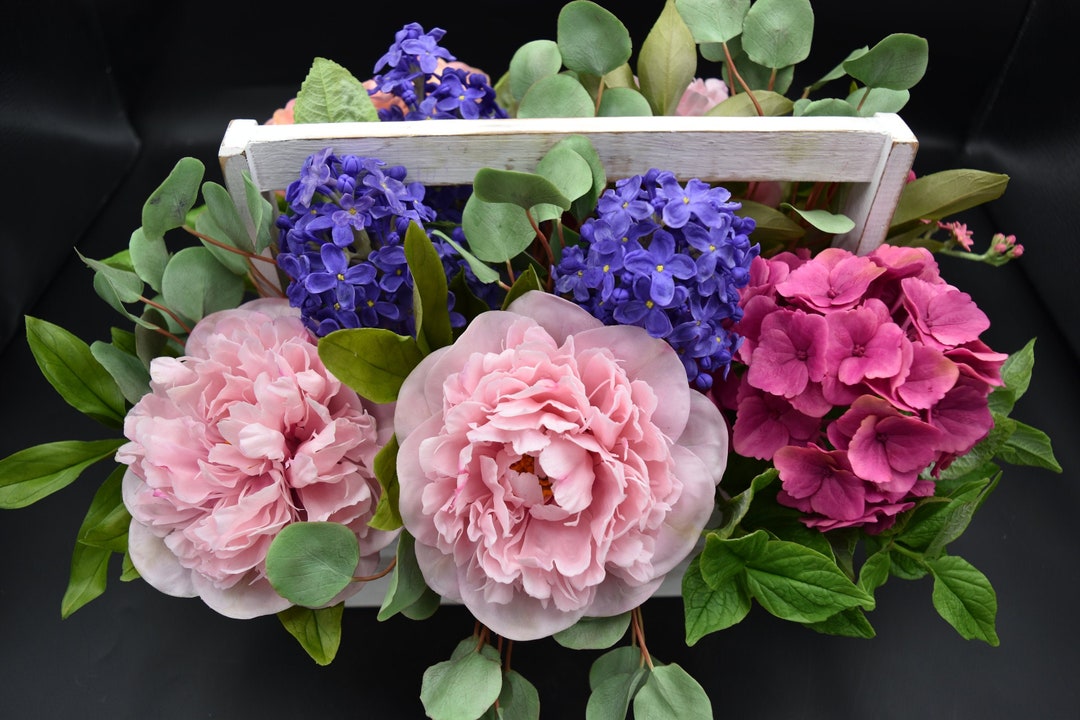 Porcelain Flower Arrangement: Pink Peony, Hydrangea, Forget-me-nots - Etsy